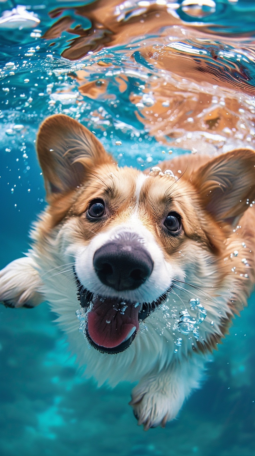 Playful Corgi Swimming In Blue Water • PromptDen