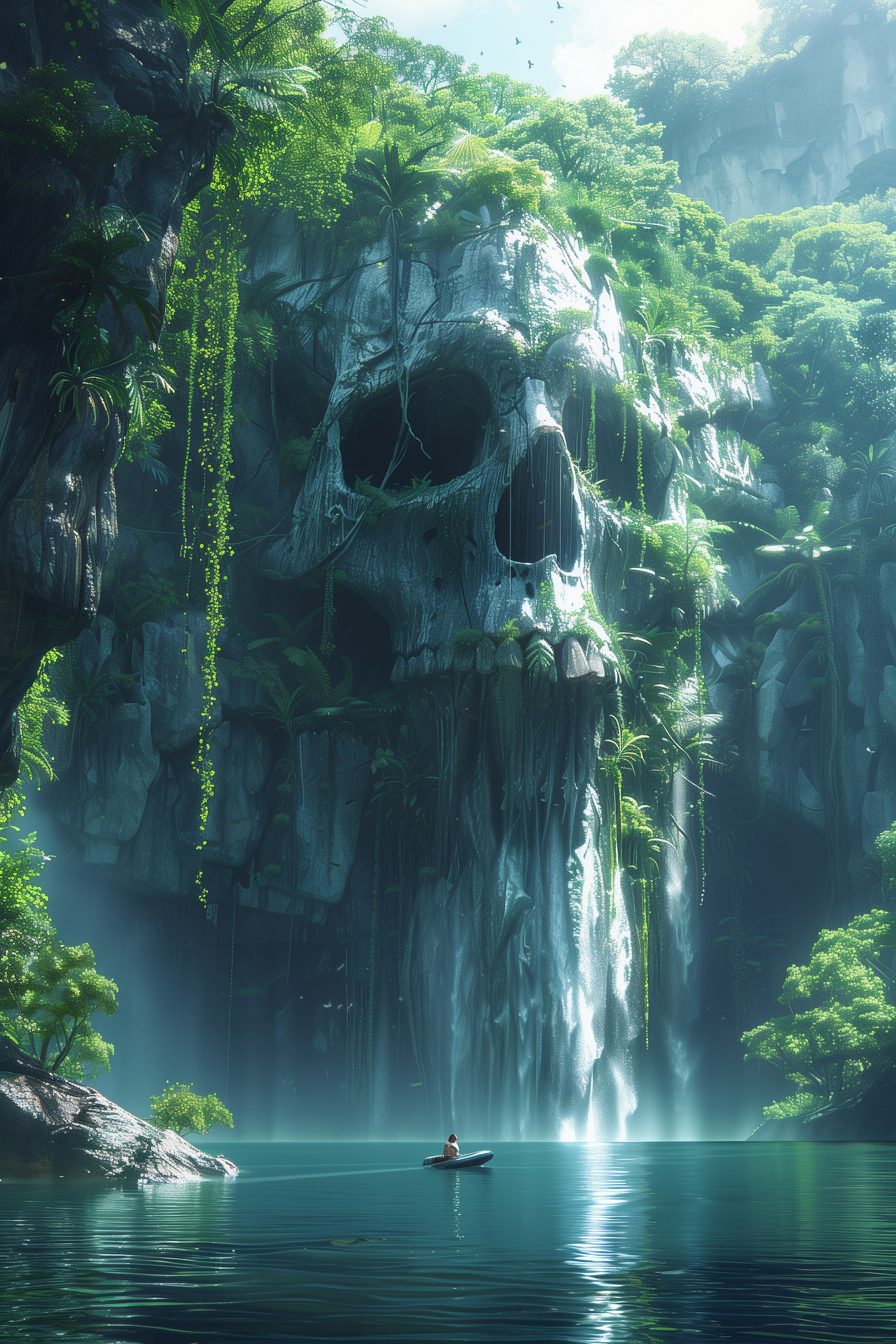 Tranquil Lake With Waterfall Cascading From Giant Skull • PromptDen