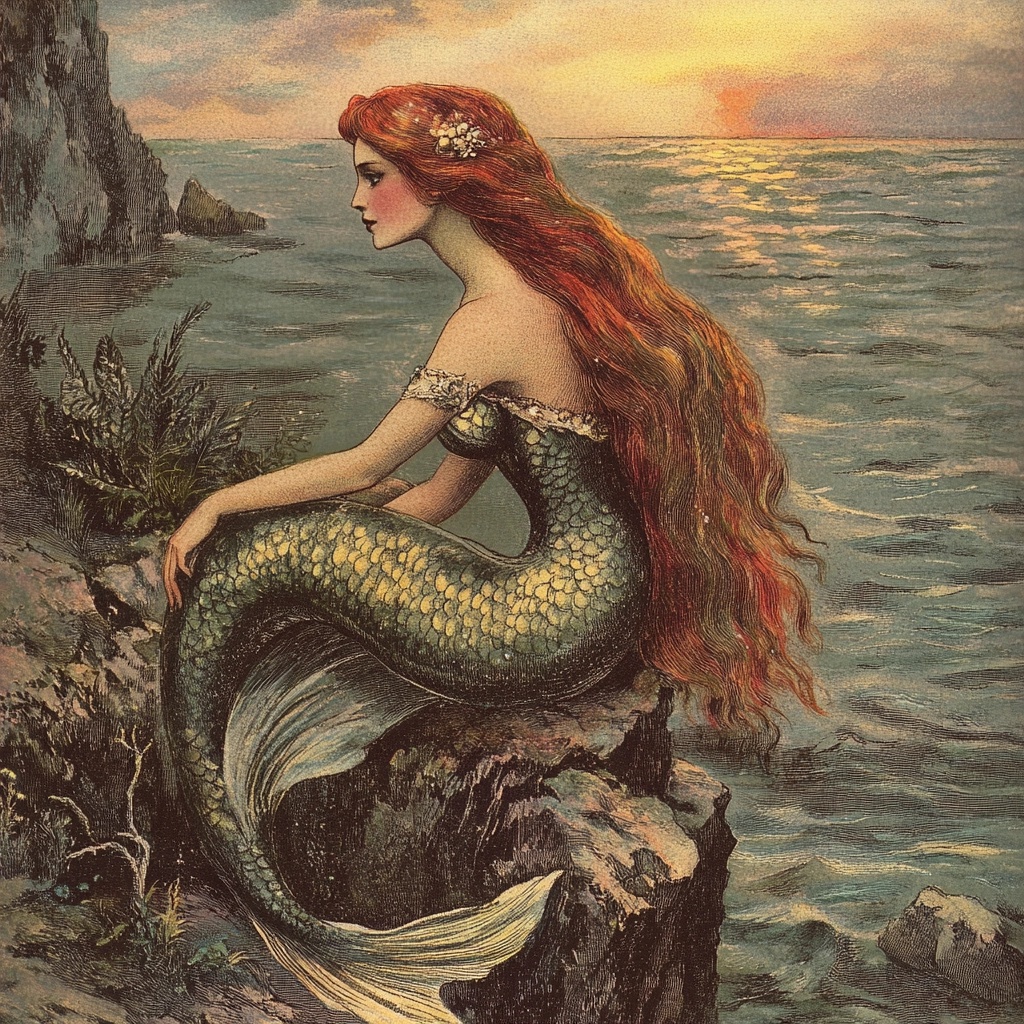 Vintage Mermaid Art: Astrology & Retro Cliff Scene • PromptDen