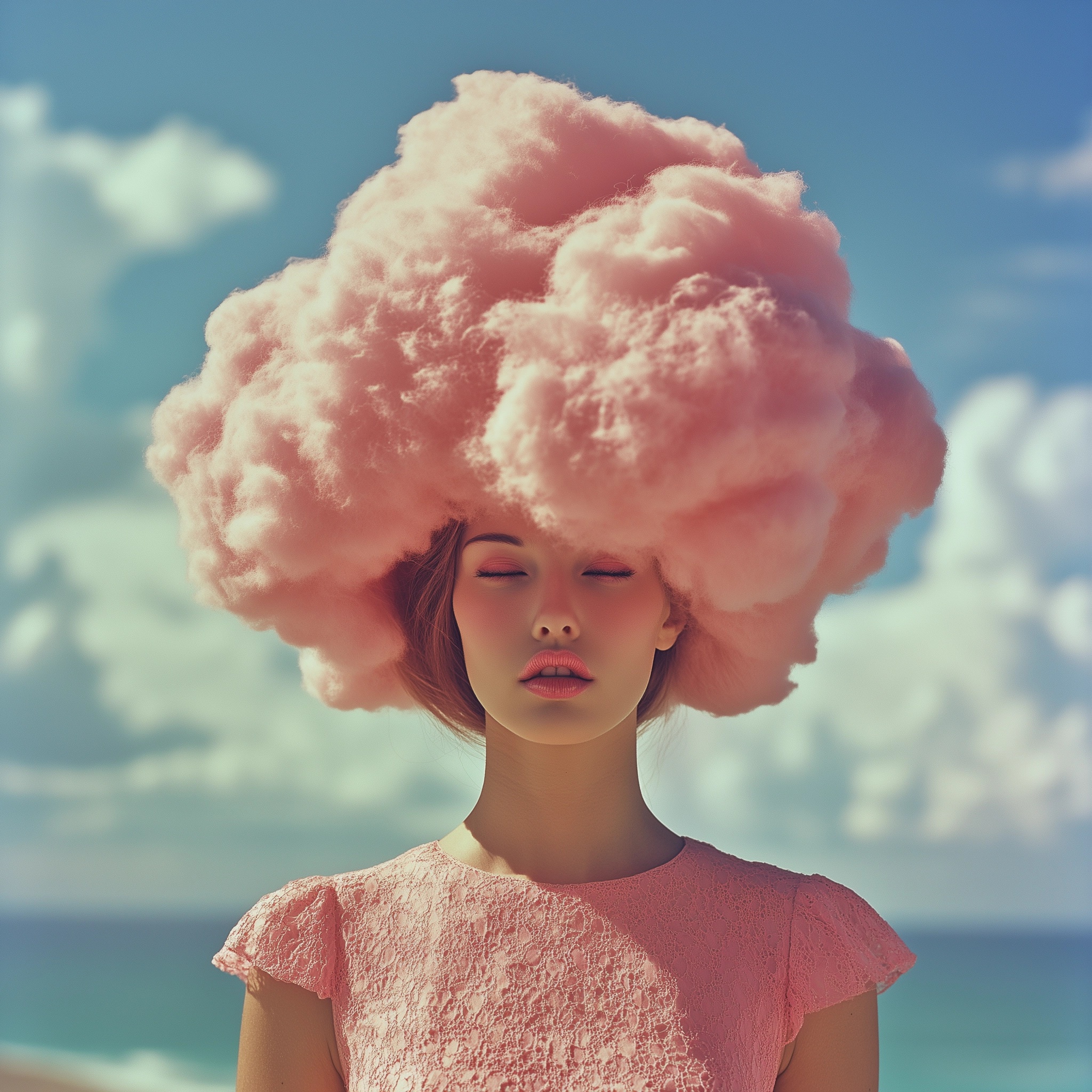 Dreamy Portrait: Woman With Pink Marshmallow Clouds • PromptDen
