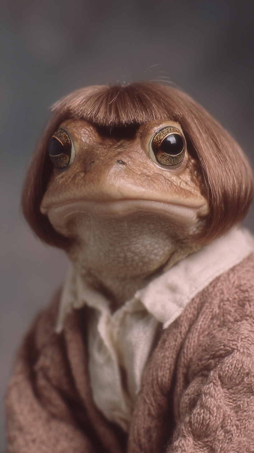 Retro Frog: 90s Photo Studio Vibe With Bob Wig • PromptDen