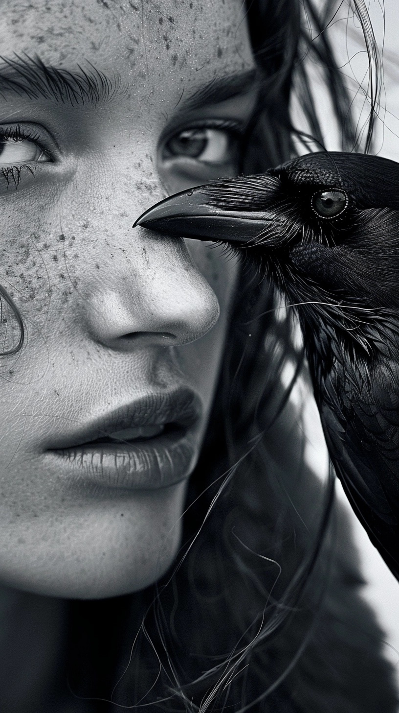 Stunning Portrait: Crow Perched On Brunette's Nose • PromptDen