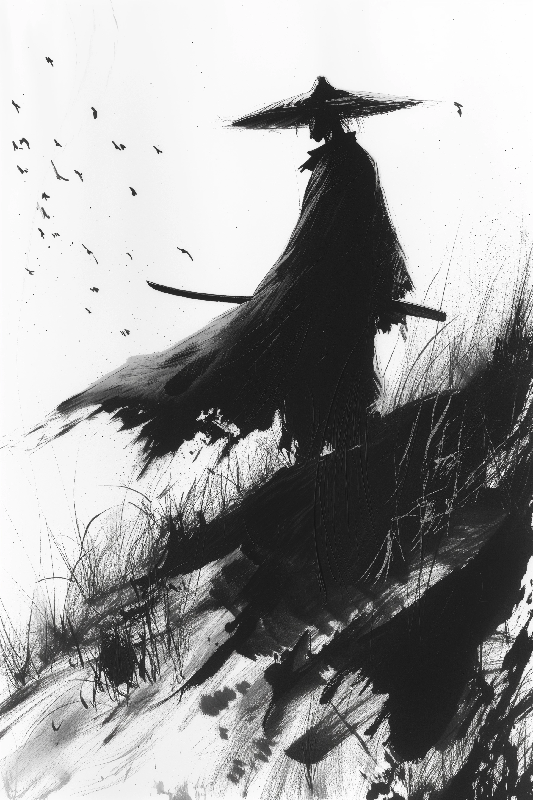 Sketched Monochrome: Dark Ronin At The Hilltop • PromptDen