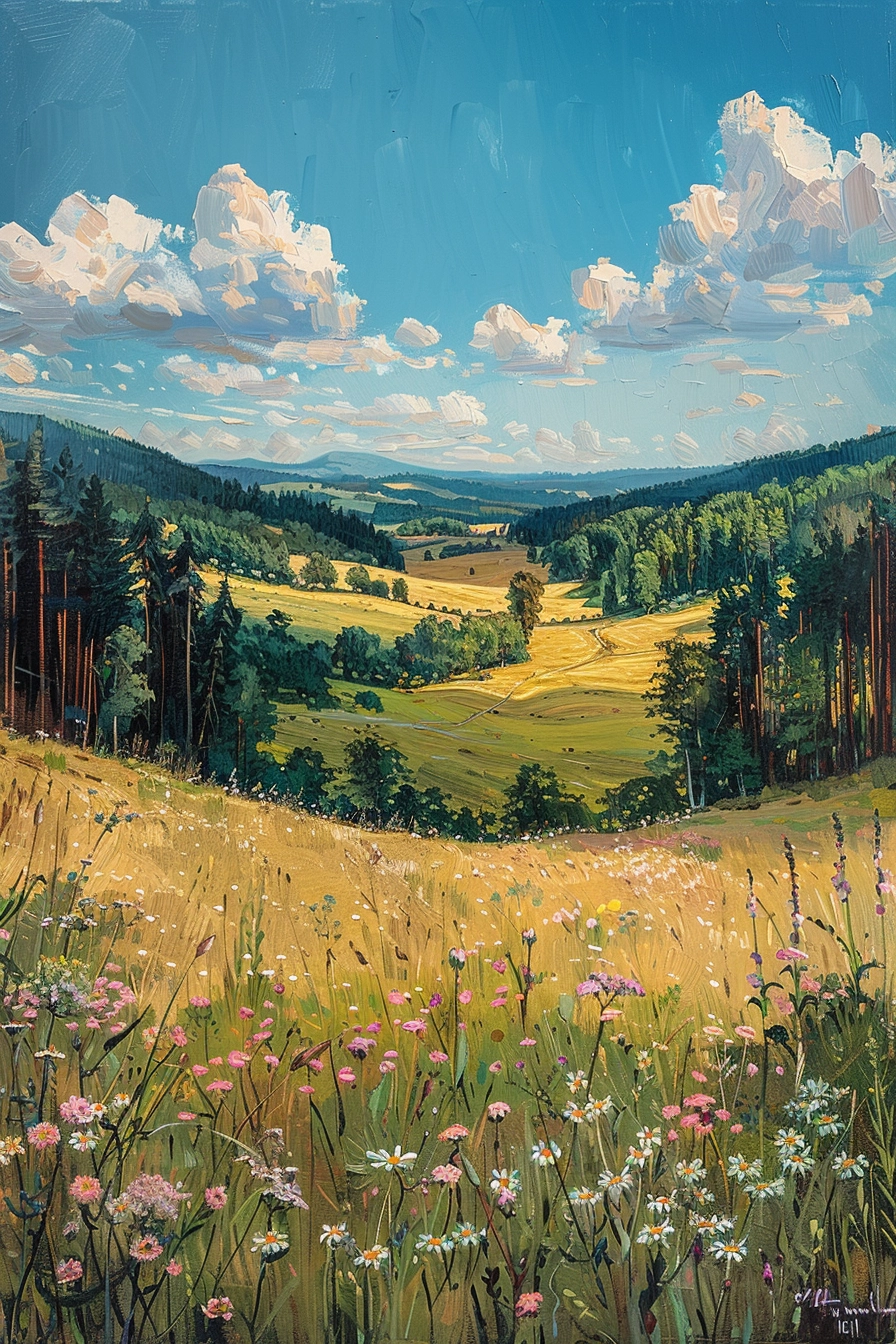 Vintage Oil Painting Of Serene Acre Landscape • PromptDen