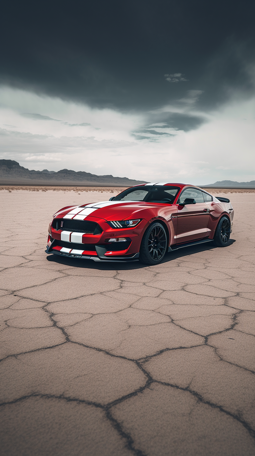 Red Mustang With White Racing Stripe In The Desert • PromptDen