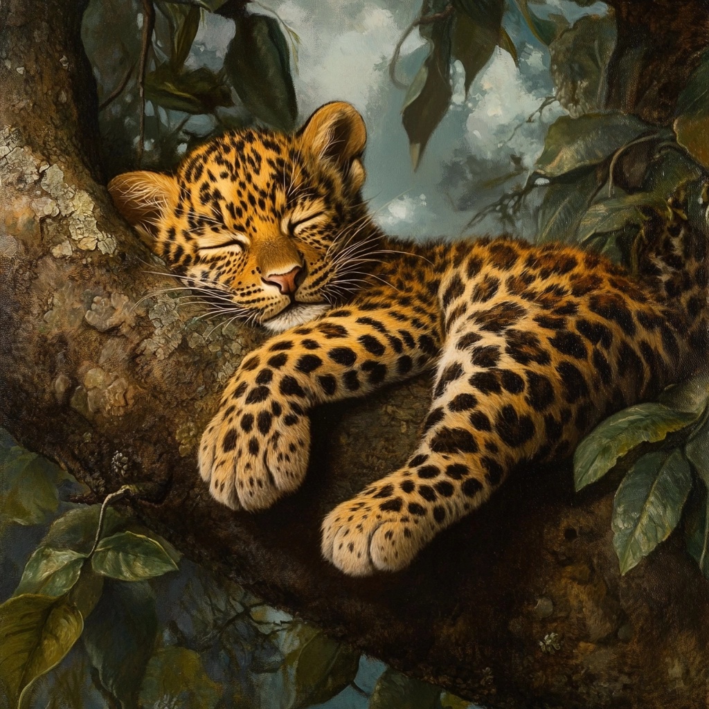 Sleepy Baby Leopard Cub Napping In Jungle Tree • PromptDen