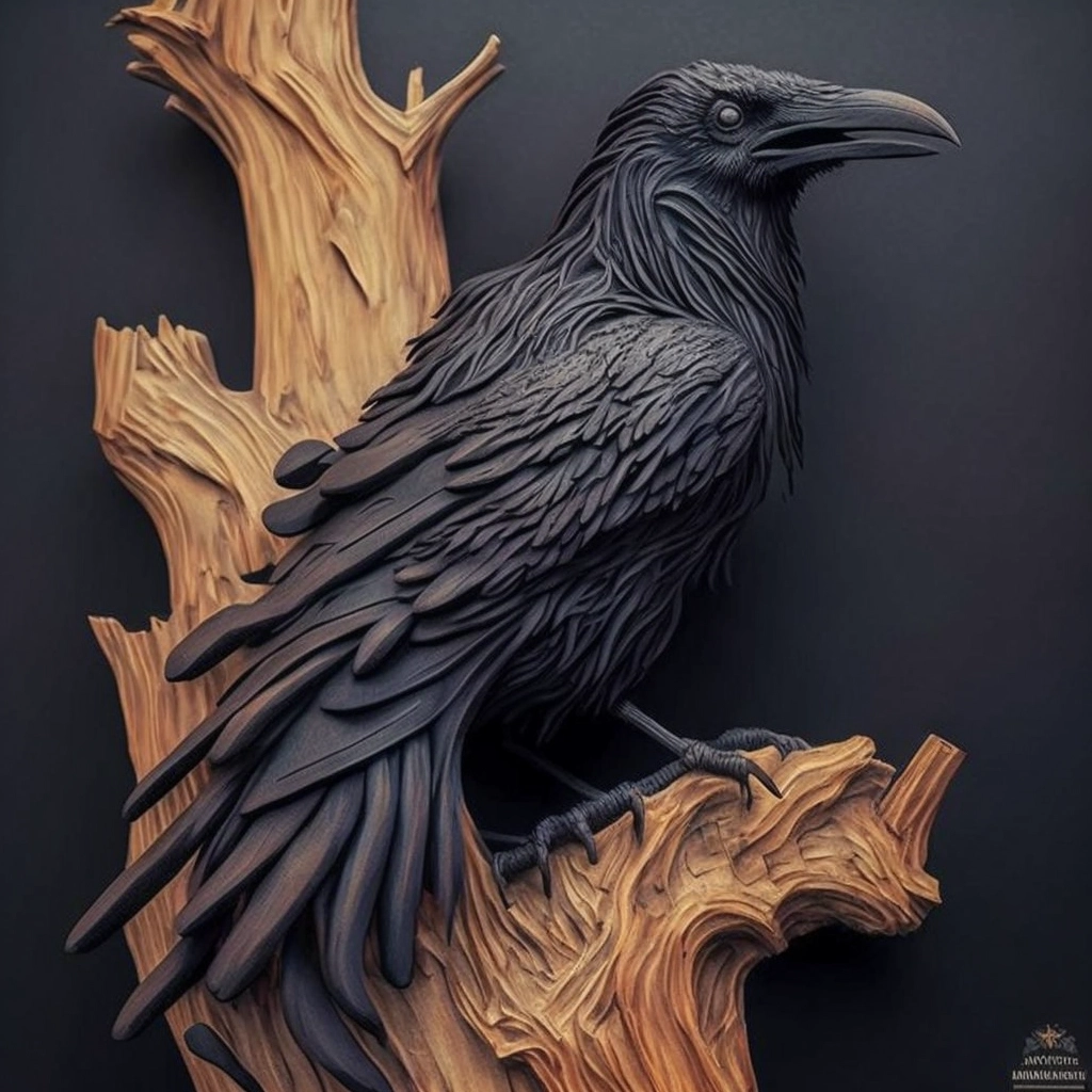 Living Wood Carving: Hyper-stylized Raven • PromptDen