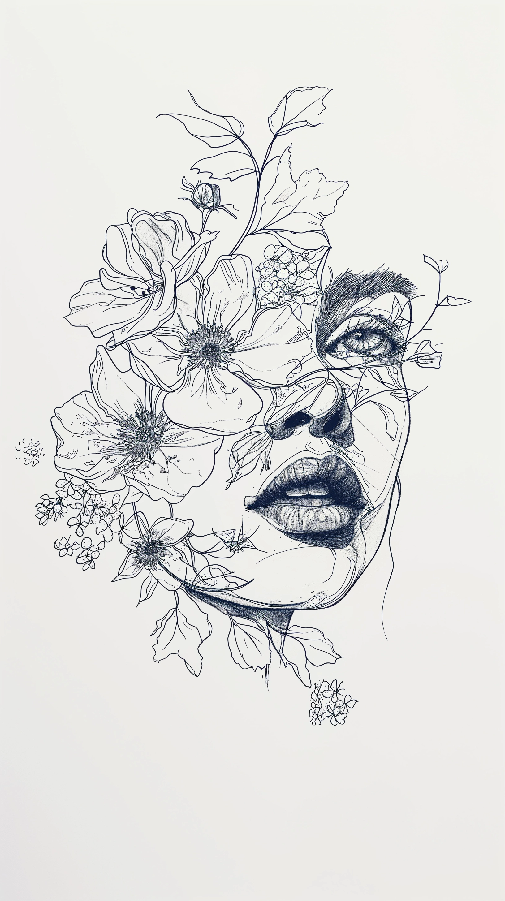 Stunning 8k Line Drawing: Face With Flowers - High Definition • PromptDen