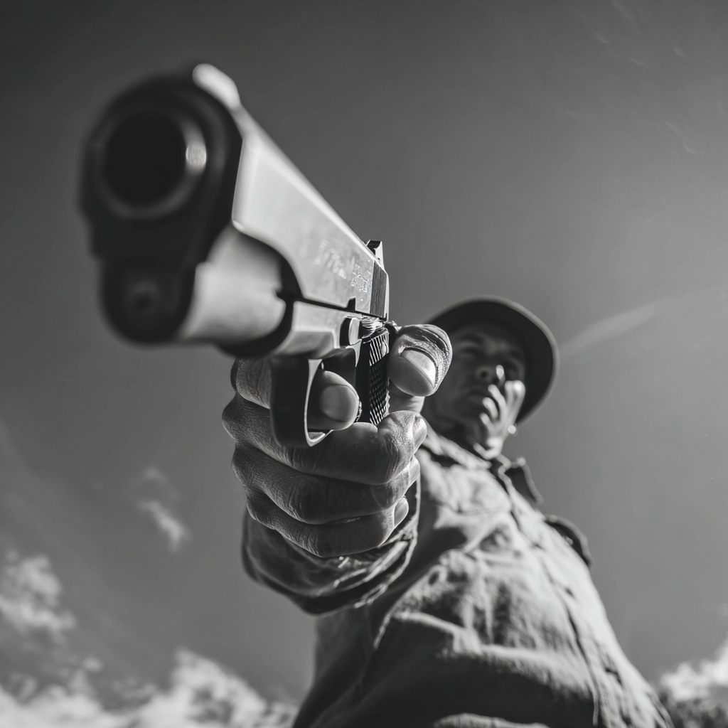 Dynamic Shot: Man Aiming 1911 Pistol Up Close • PromptDen