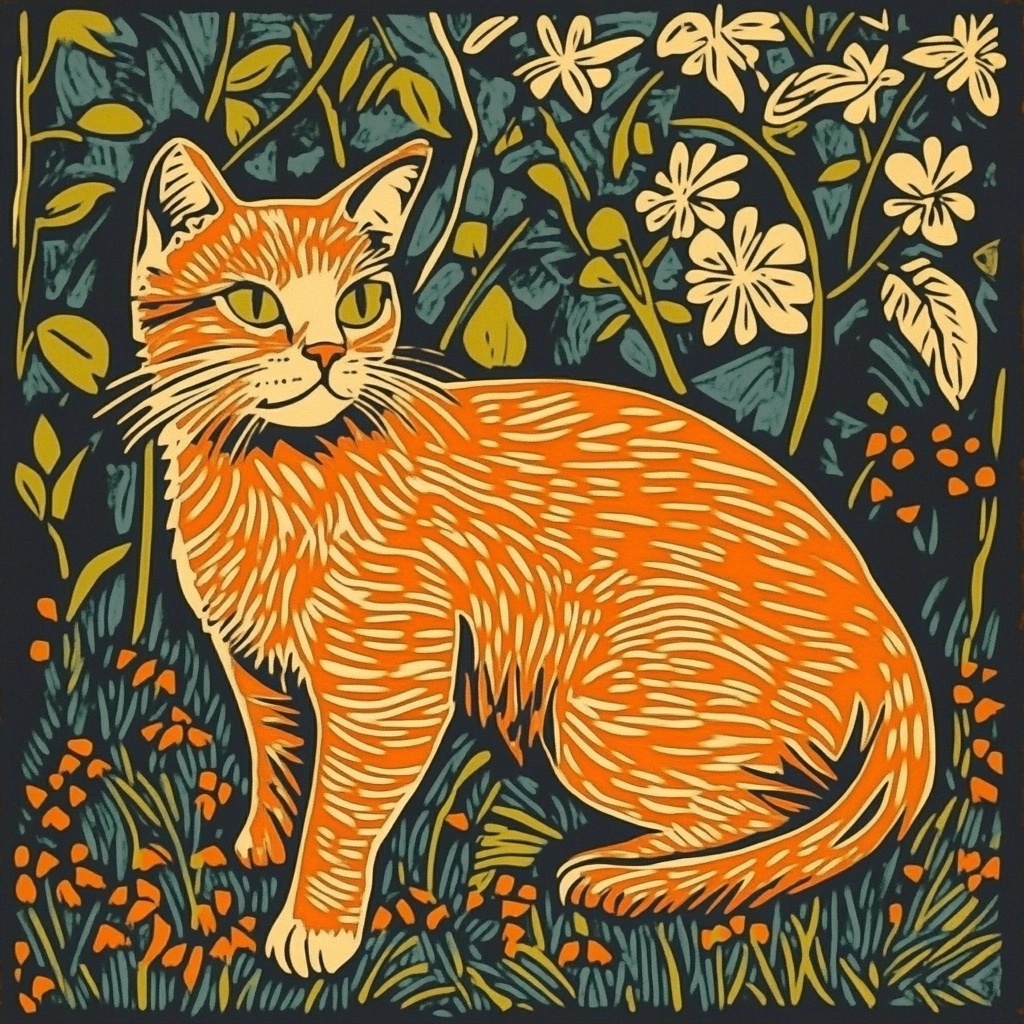 Medieval Orange Cat Linocut Art Print • PromptDen