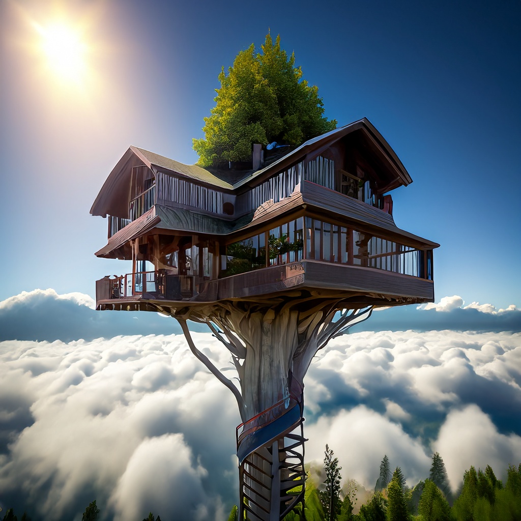 Surreal Sunny Treehouse: Nests In Clouds • PromptDen