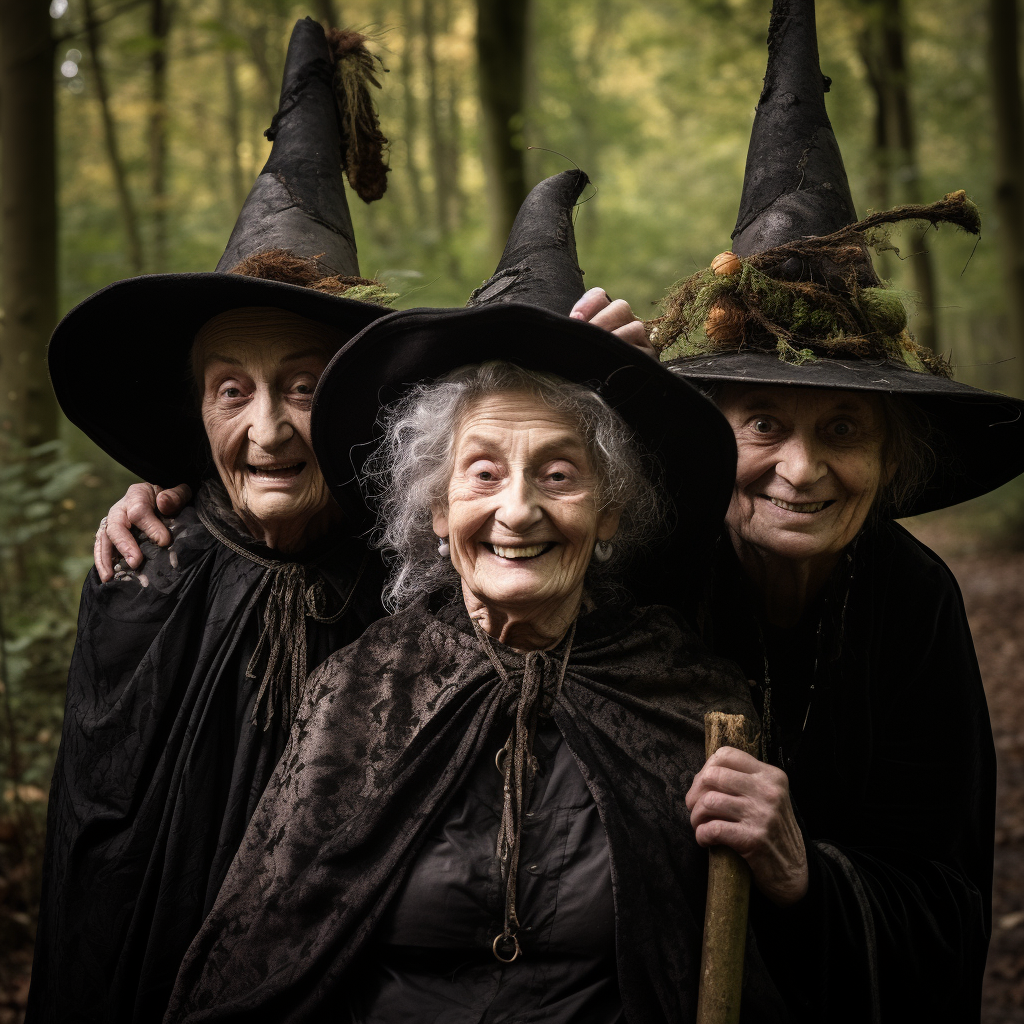 Enchanting Portraits: Smiling Elderly Witches In Forest • PromptDen