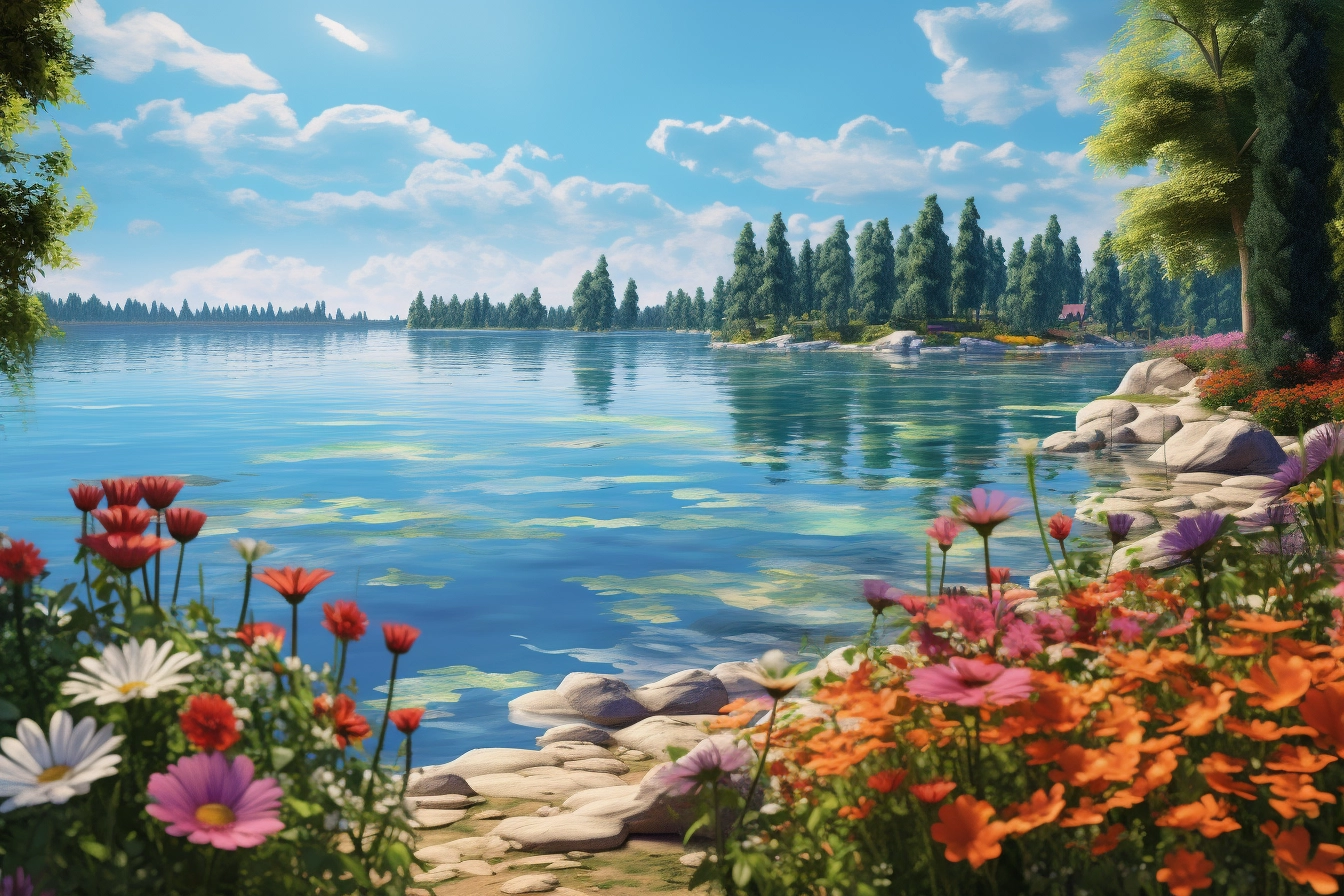 Hyperrealistic Lakeside: Stunning Floral Garden And Detail • PromptDen