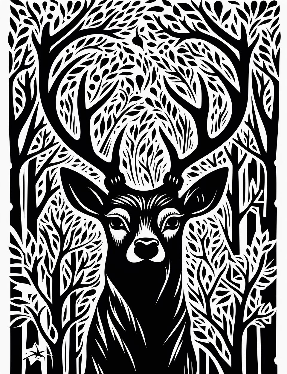 Abstract Linocut Illustration: Deer Portrait In Retro Woodblock Style ...