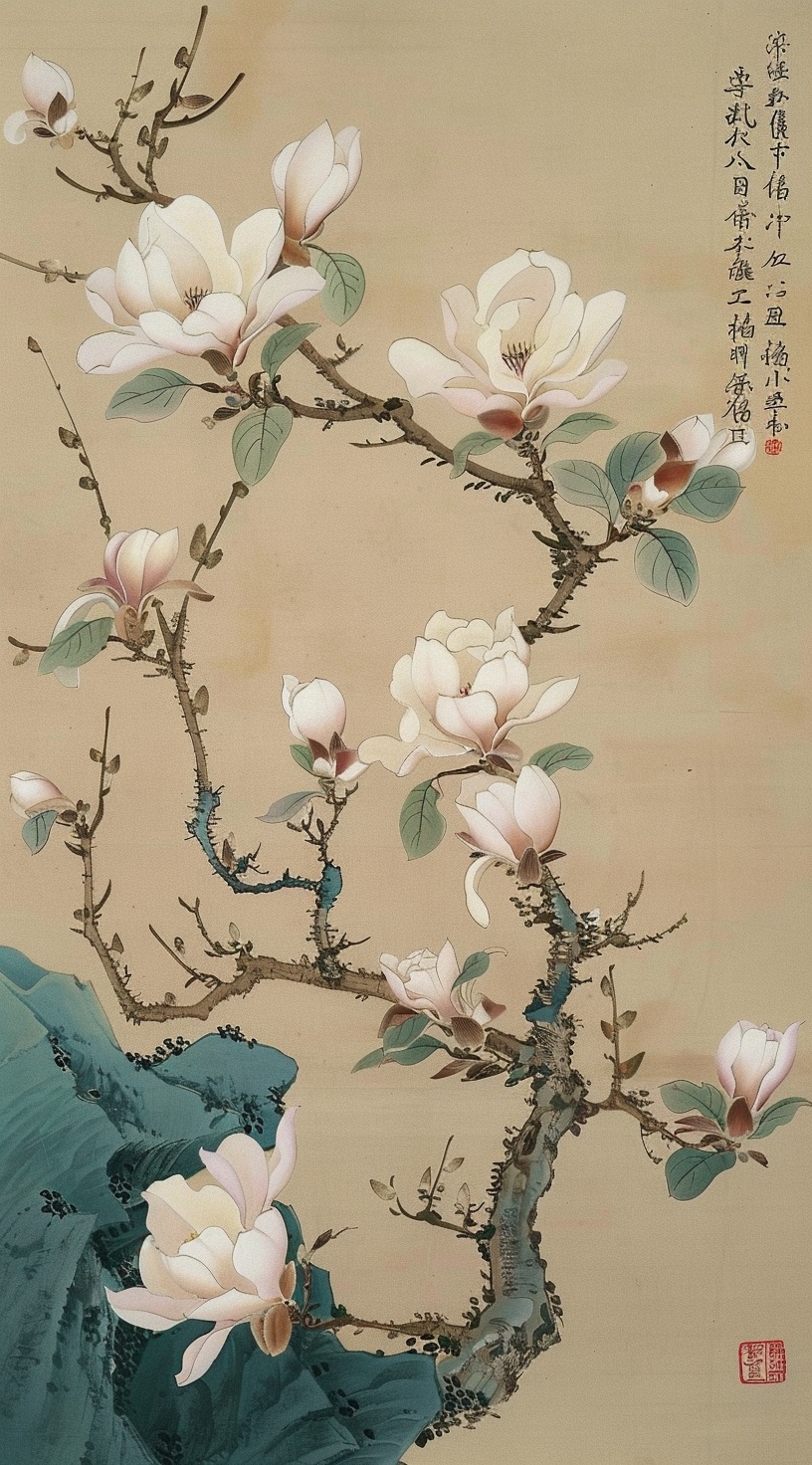 Song Dynasty Magnolia Painting On Antique Rice Paper • PromptDen