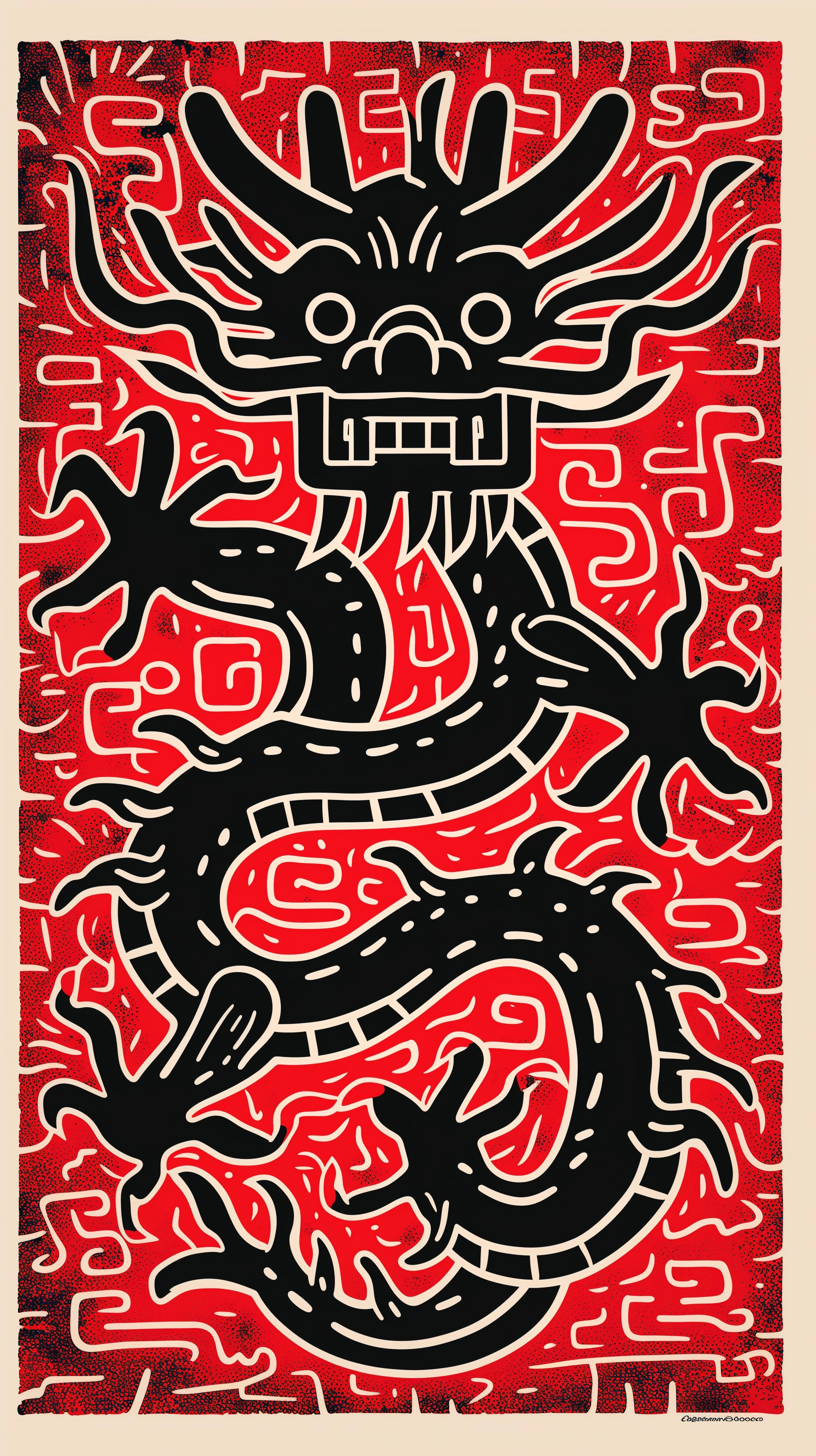 Traditional Chinese Dragon: Keith Haring Inspired Cool Red & Black Lino ...