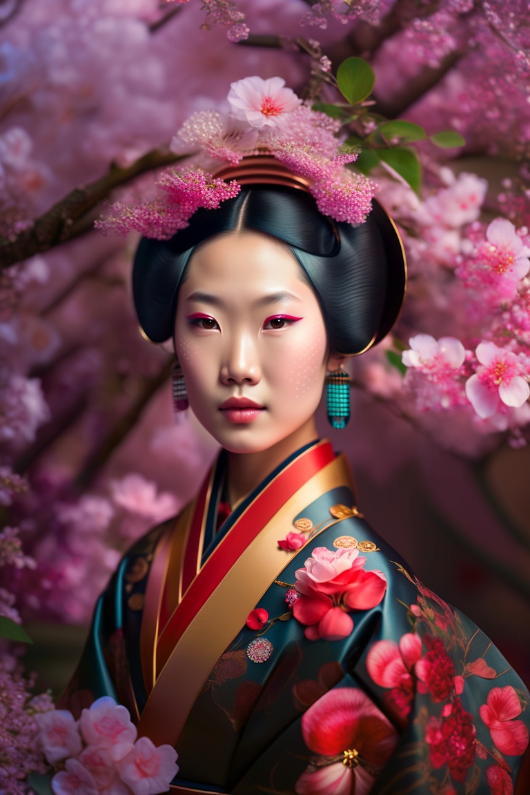 Stunning Japanese Geisha Portrait With Cherry Blossoms • PromptDen