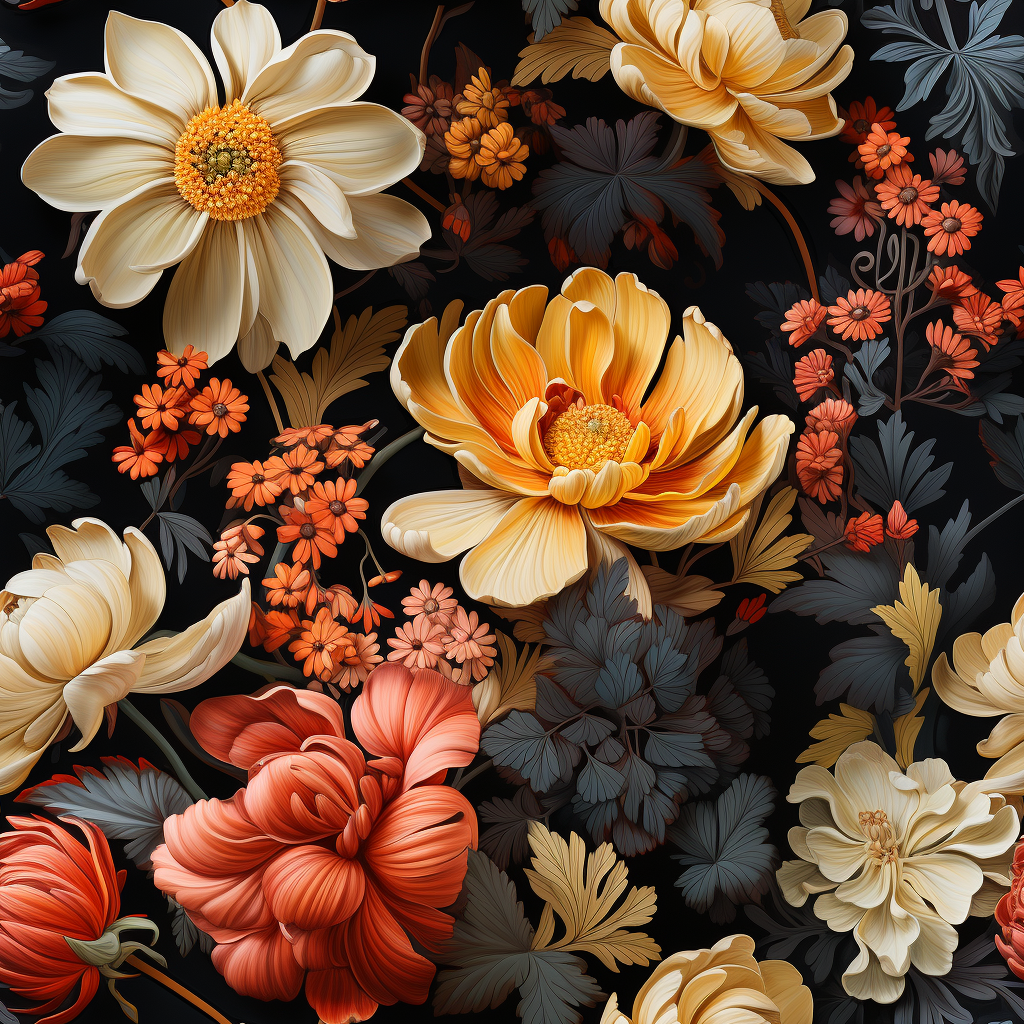 Stunning Fall Floral Print On Solid Black Background • PromptDen